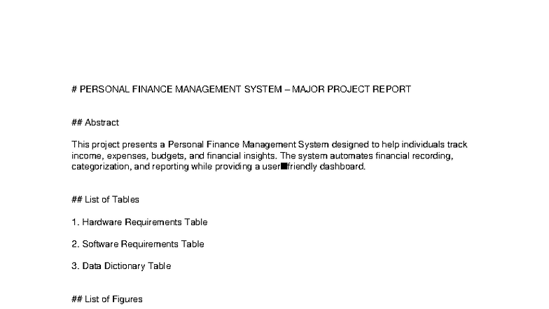 PFMS Major Project Report: Personal Finance Management System - Studocu