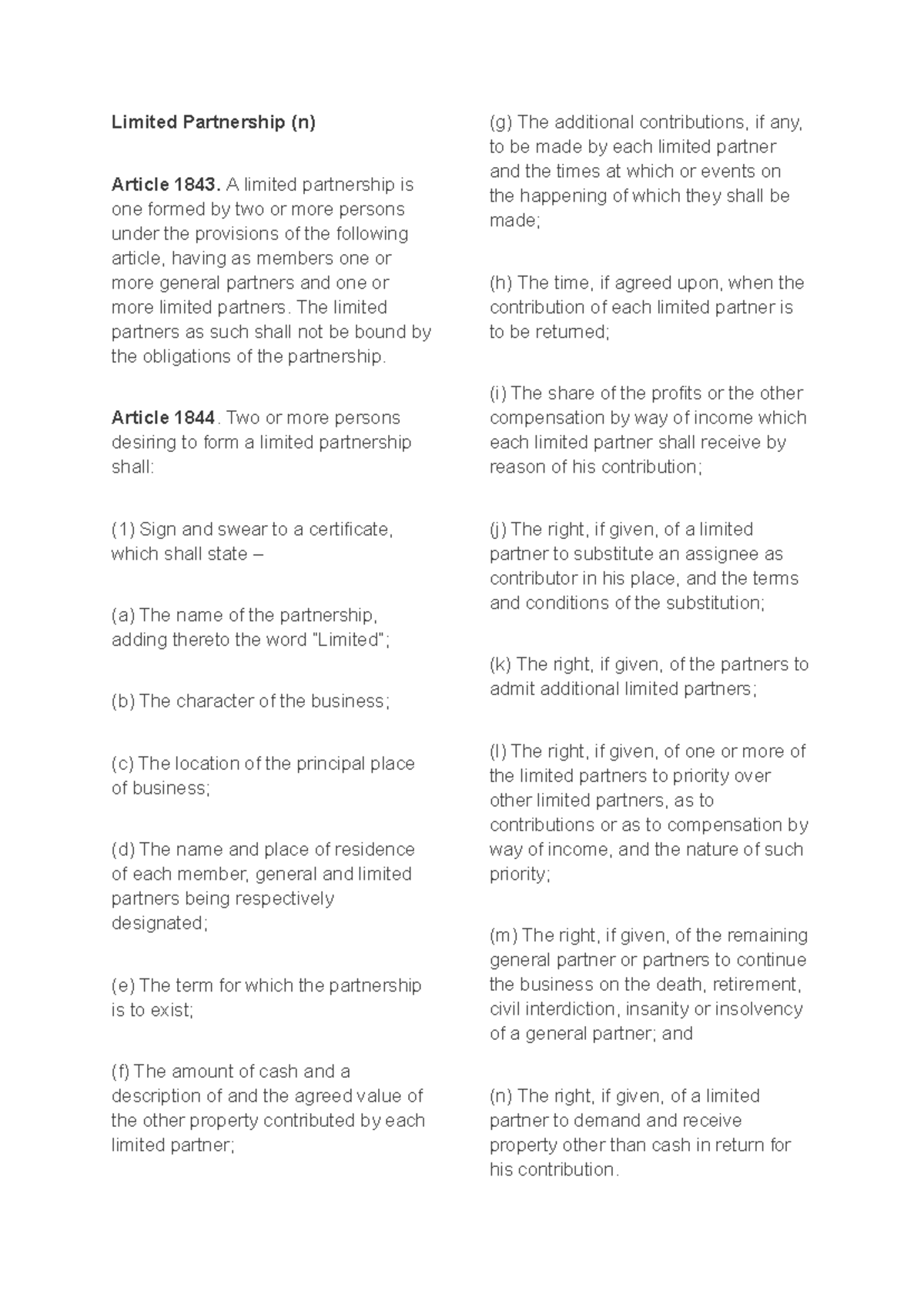 Limited Partnership Overview: Key Articles and Provisions - Studocu