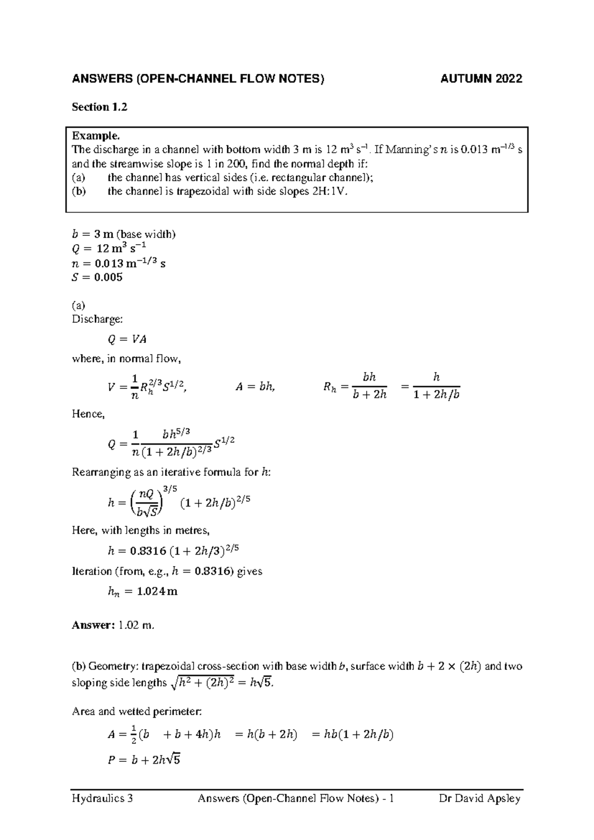 OCFNotes - Open Channel Flow Answers for Autumn 2022 (RVF) - Studocu