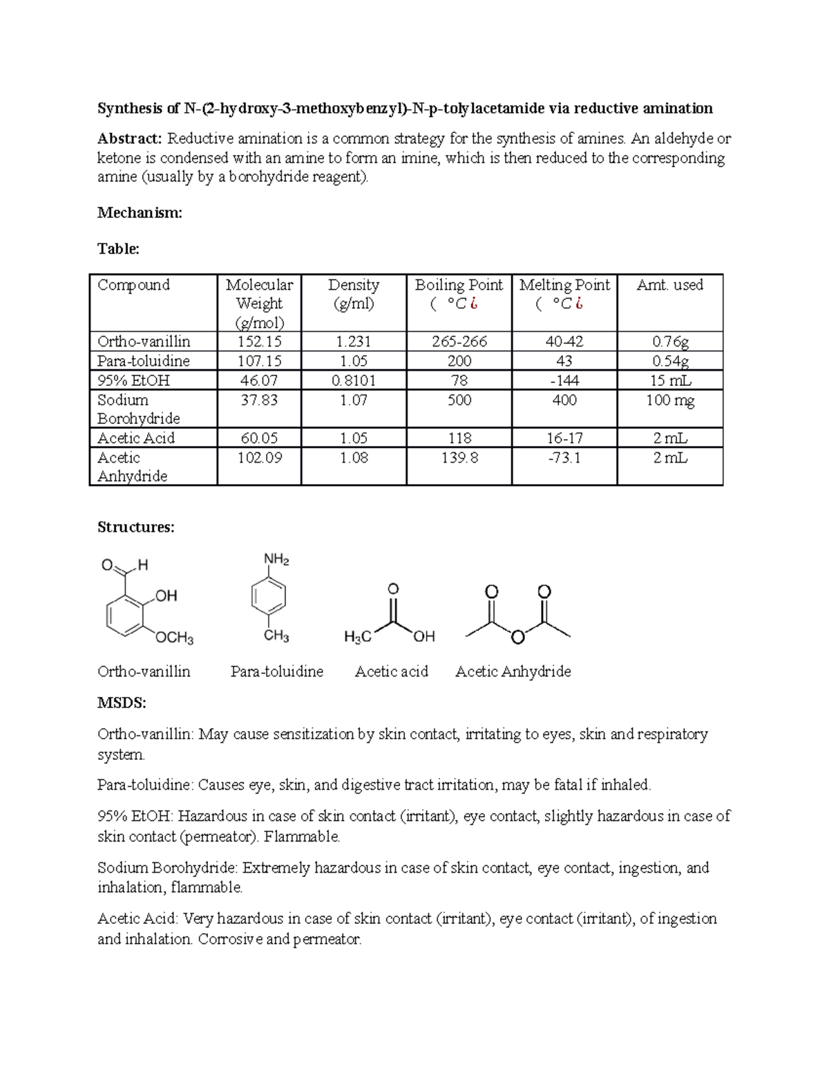 Reductive Amination Lab Experiment: Synthesis of p-Tolylacetamide - Studocu