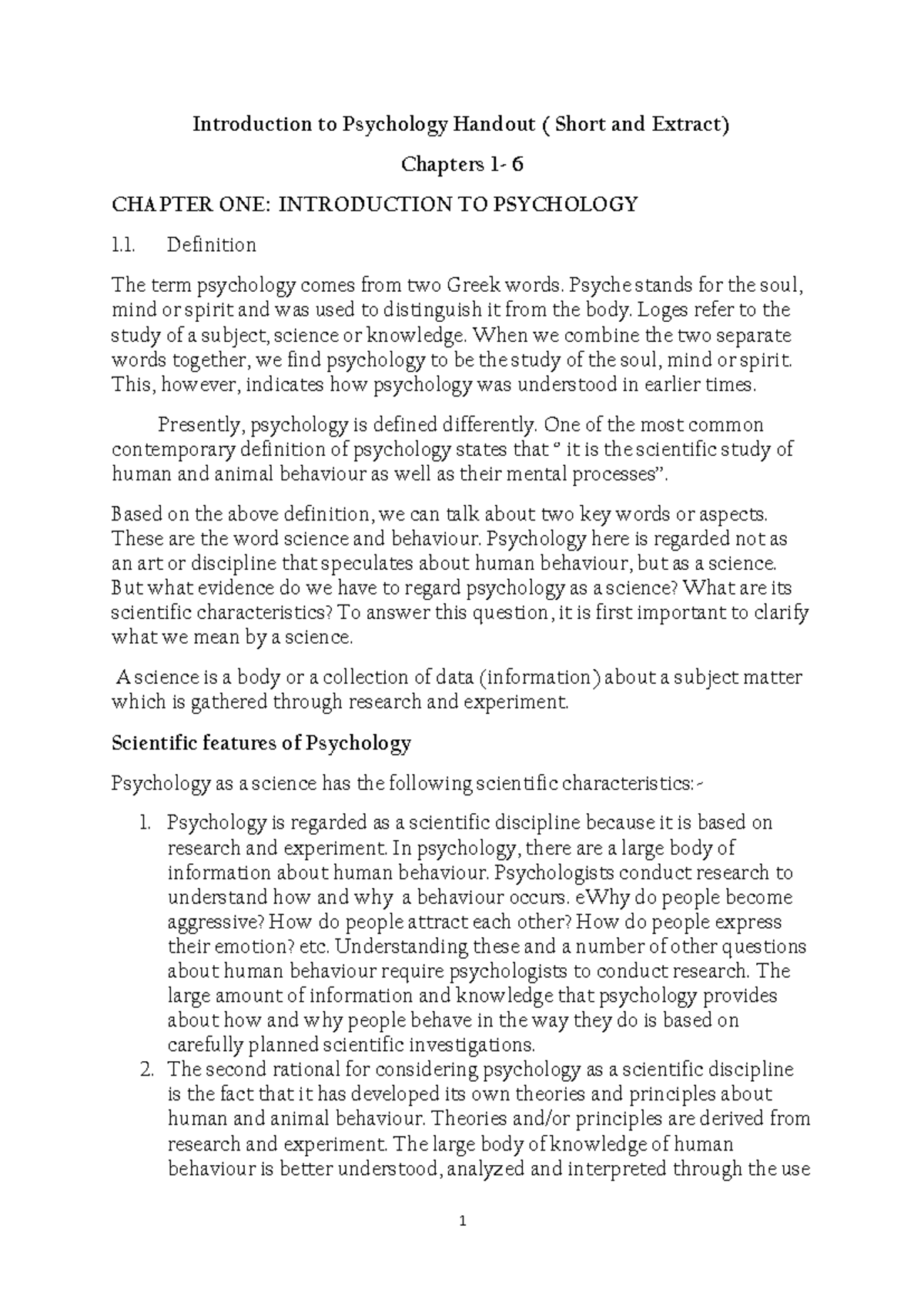 Psychology Short Note (1-6) - Introduction to Psychology Handout ...