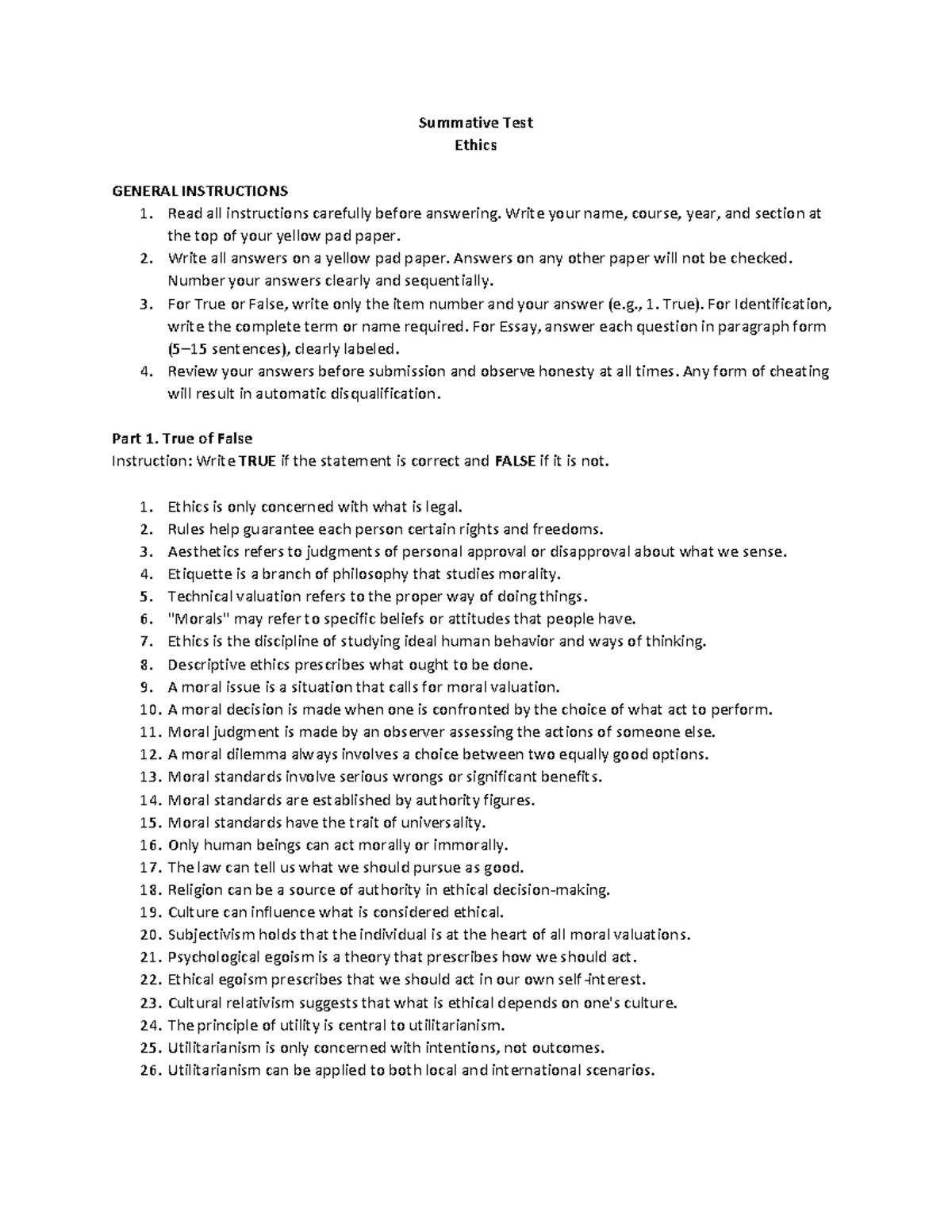 Summative Test on Ethics: True/False & Identification Questions - Studocu