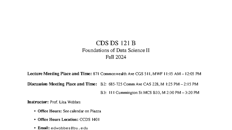 CDS DS 121 B Foundations of Data Science II Fall 2024 Syllabus - Studocu