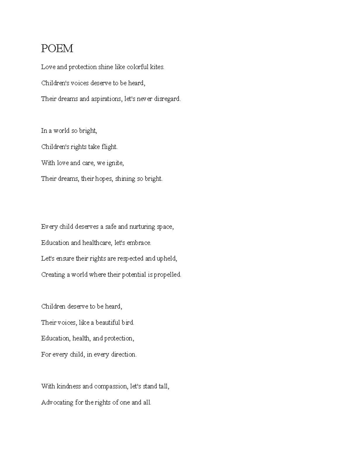 POEM - its a poem on child rights - POEM Love and protection shine like ...
