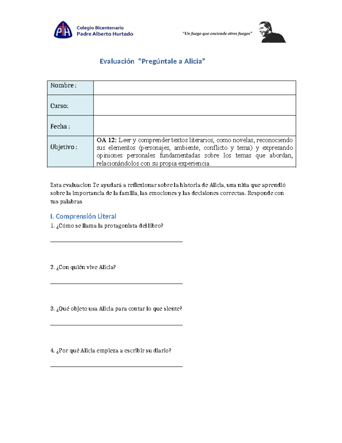 Evaluación de Comprensión: Preguntas sobre "Alicia" - Curso OA 12 - Studocu