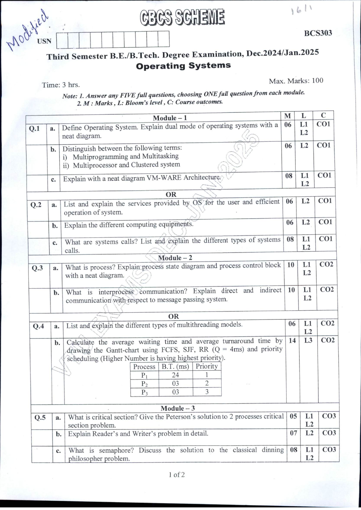 BCS303 Operating Systems Third Semester Exam Scheme and Guidelines - Studocu