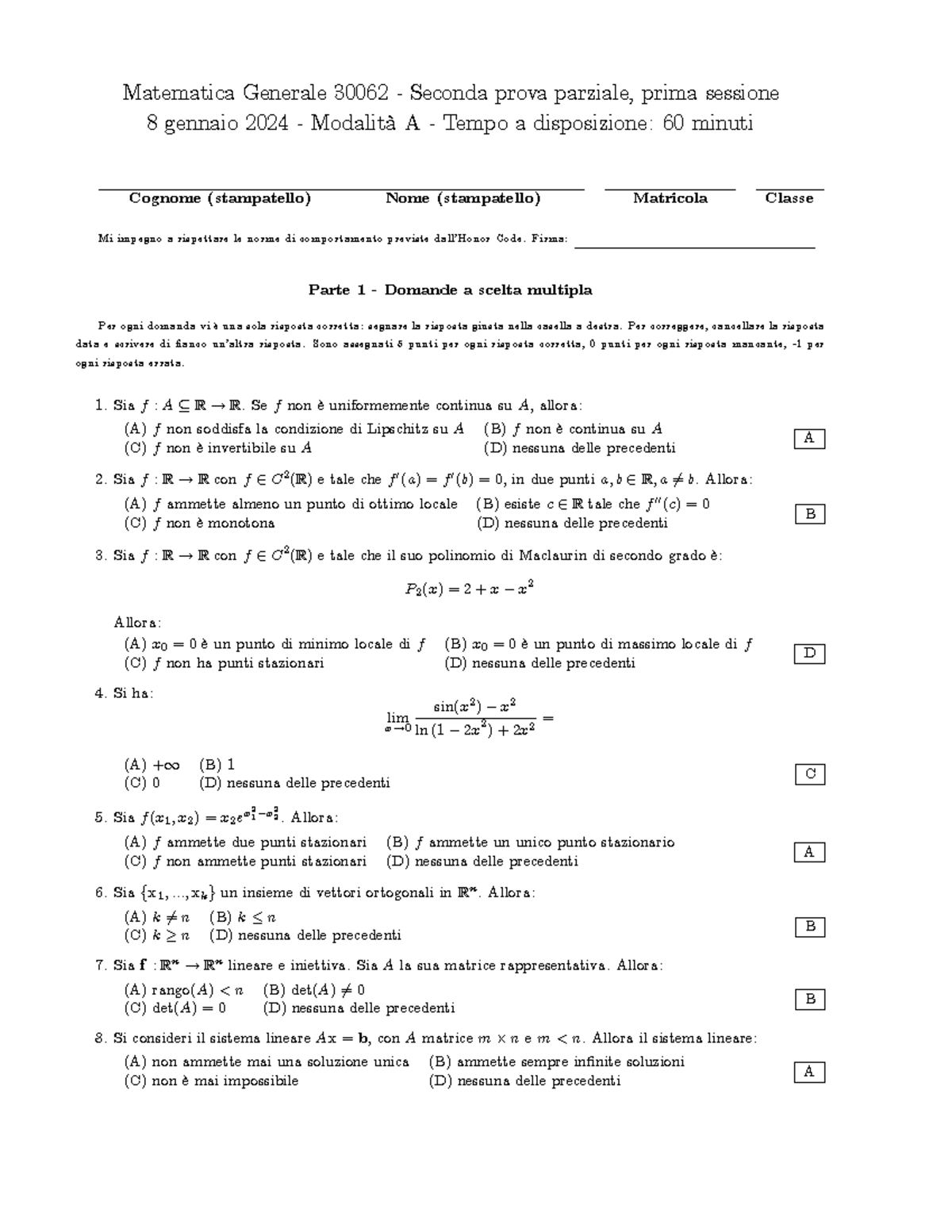 Matematica Generale 30062 Seconda prova parziale, sessione gennaio 2024 ...