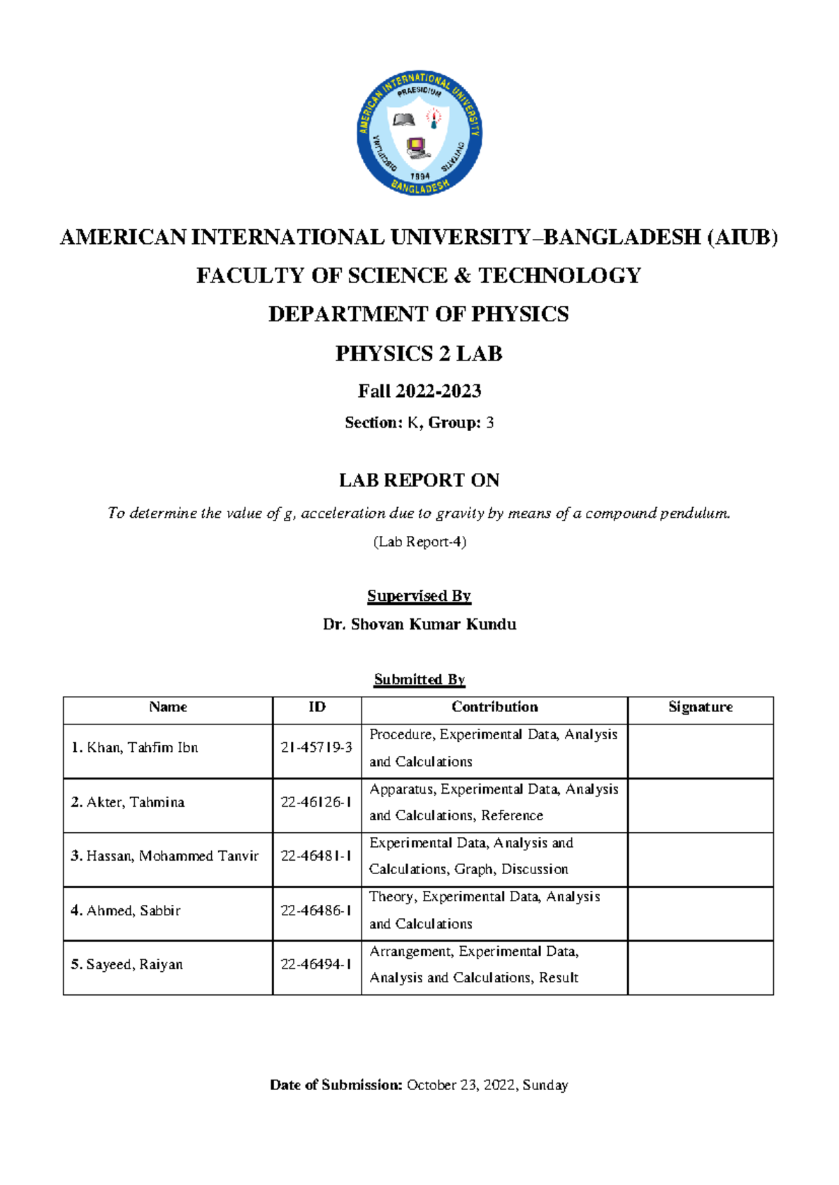 Lab Report-4: Determining g Using a Compound Pendulum (PHYS 2) - Studocu