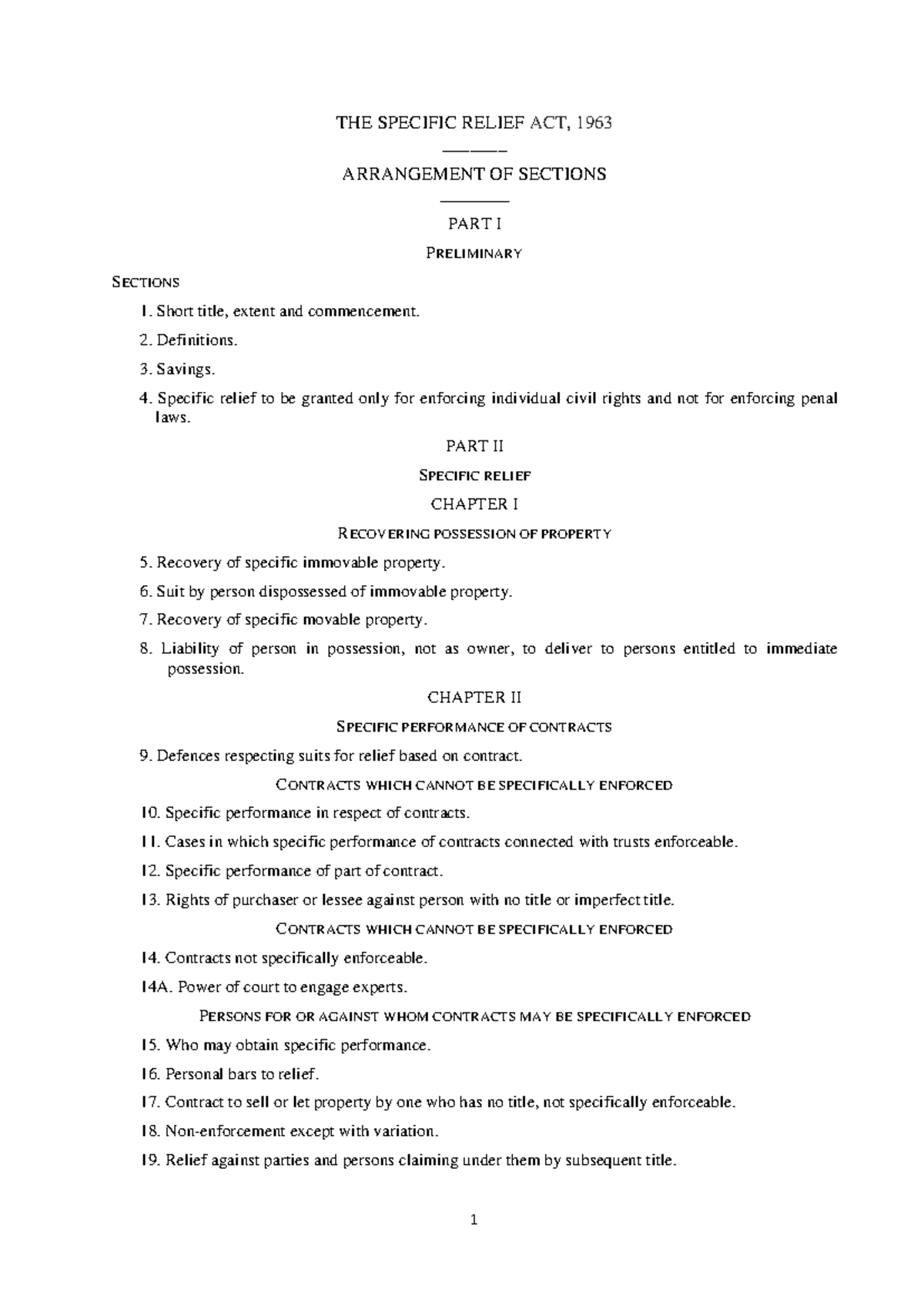 Specific Relief Act, 1963: Comprehensive Overview and Sections - Studocu