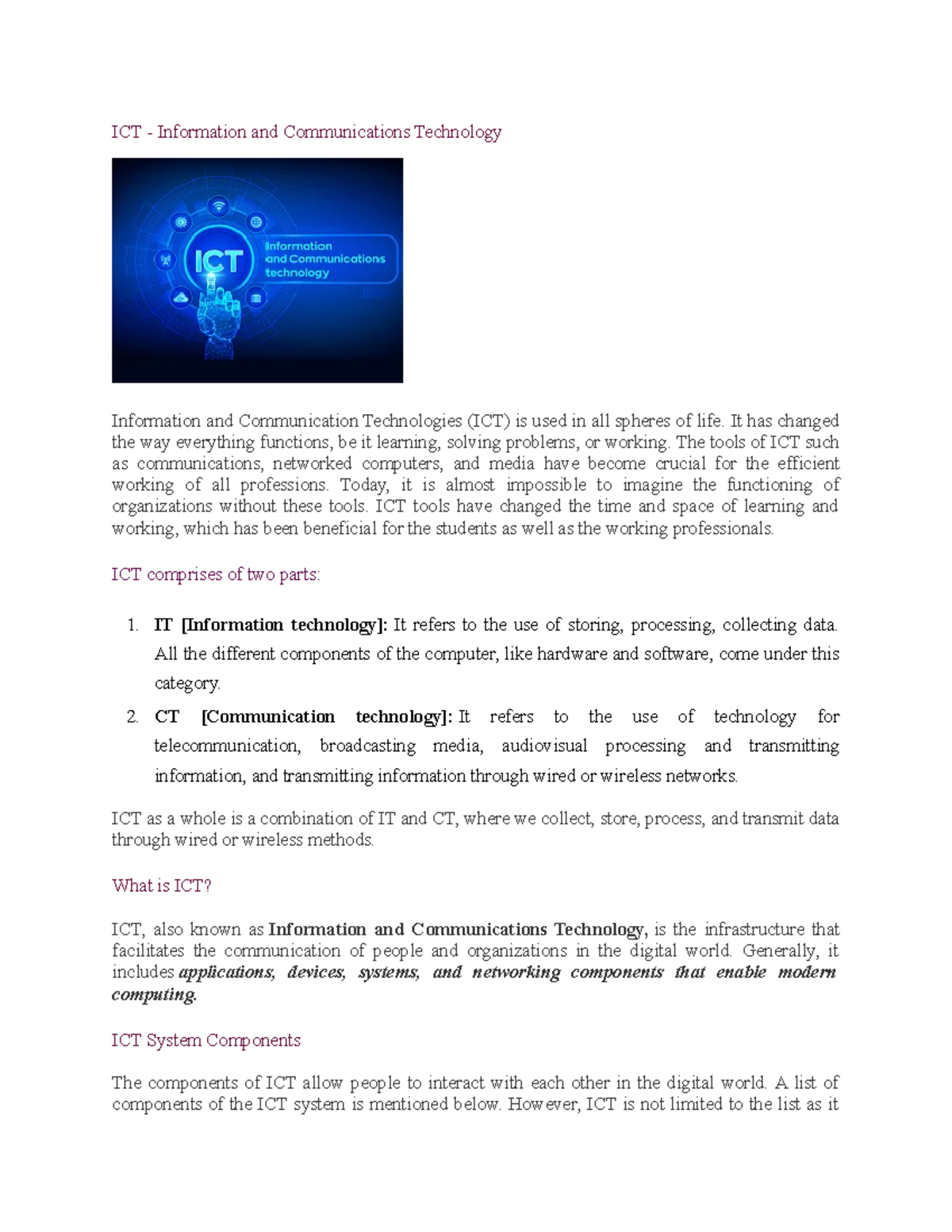 Concepts of ICT, and definition of terms - ICT - Information and Communications Technology - Studocu