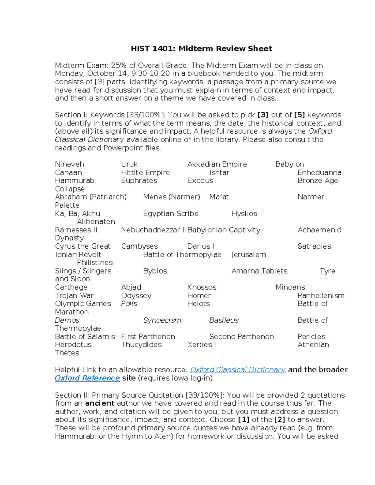 HIST 1401: Midterm Exam Review Sheet & Key Concepts Guide - Studocu