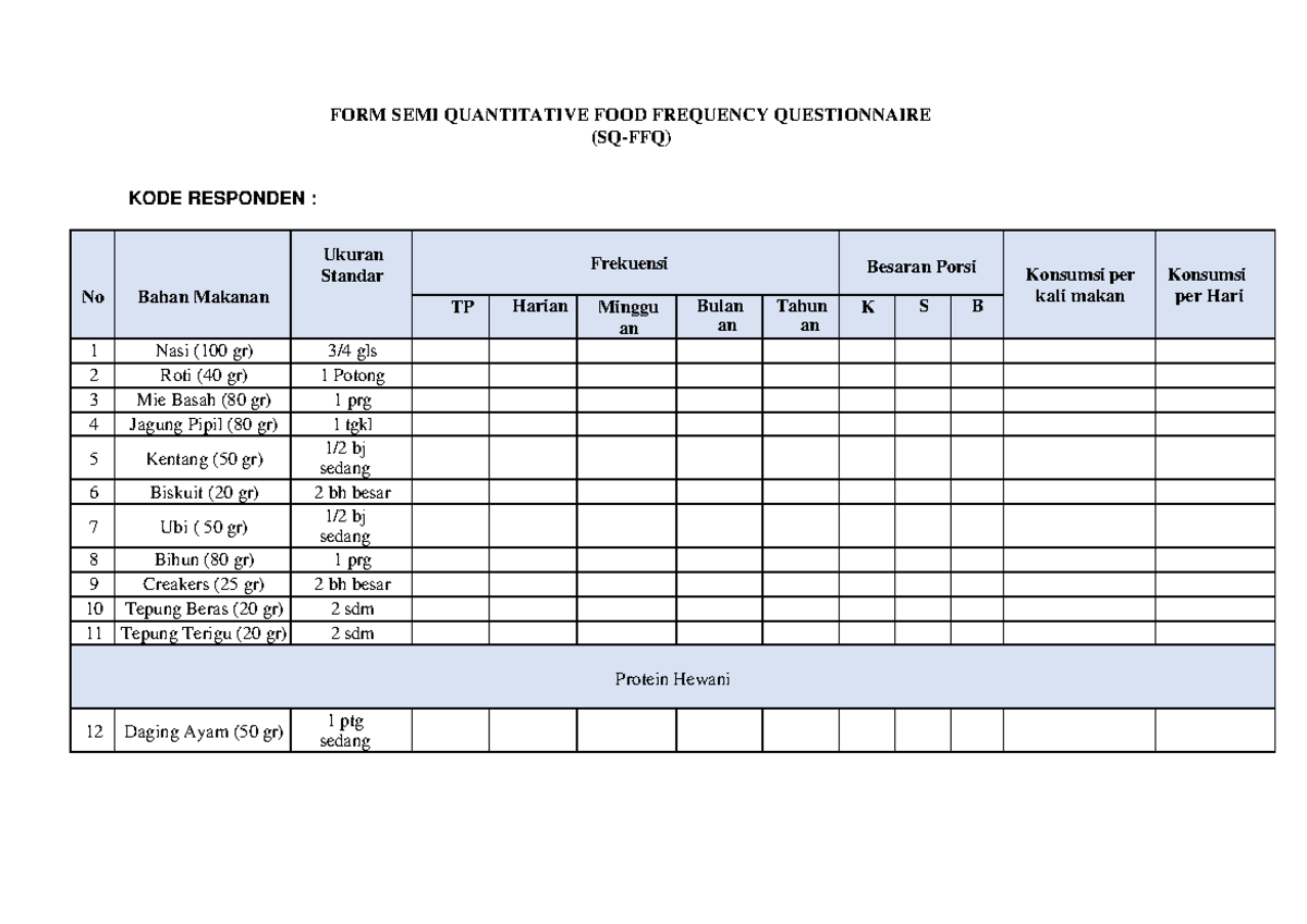 SQ-FFQ: Semi-Quantitative Food Frequency Questionnaire Example - Studocu
