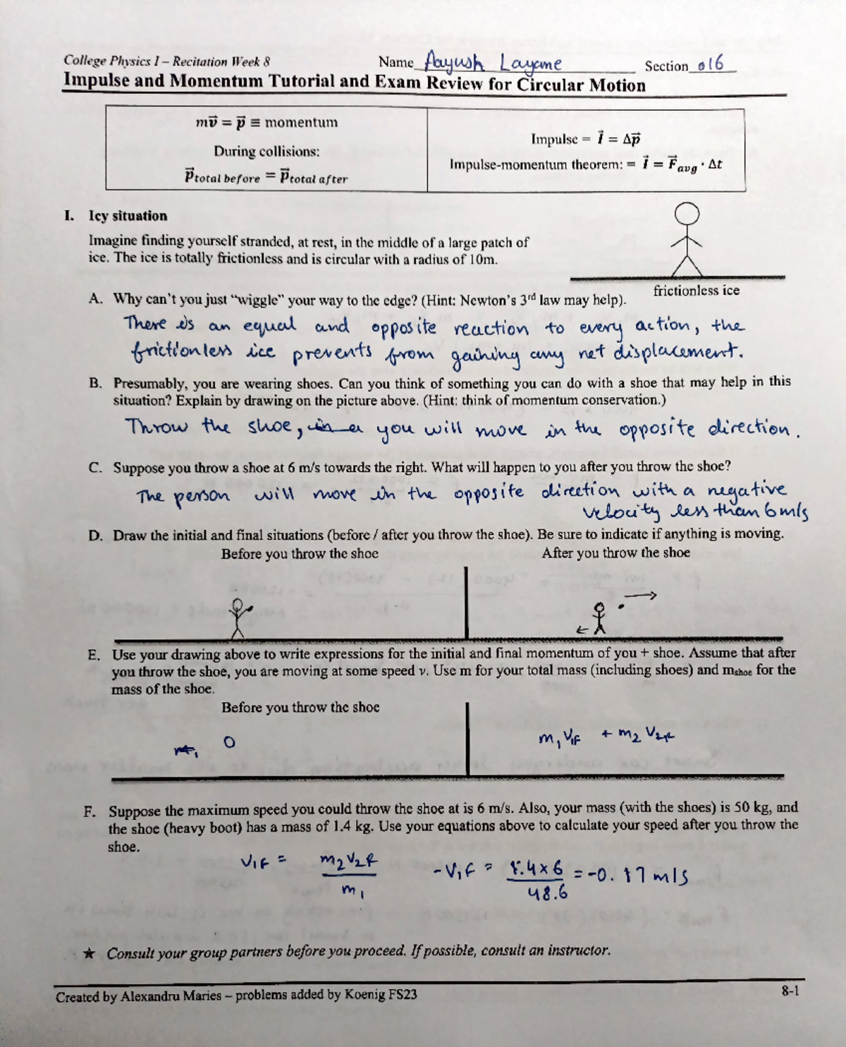 Physics I - Recitation Week 8: Impulse & Momentum Exam Review - Studocu