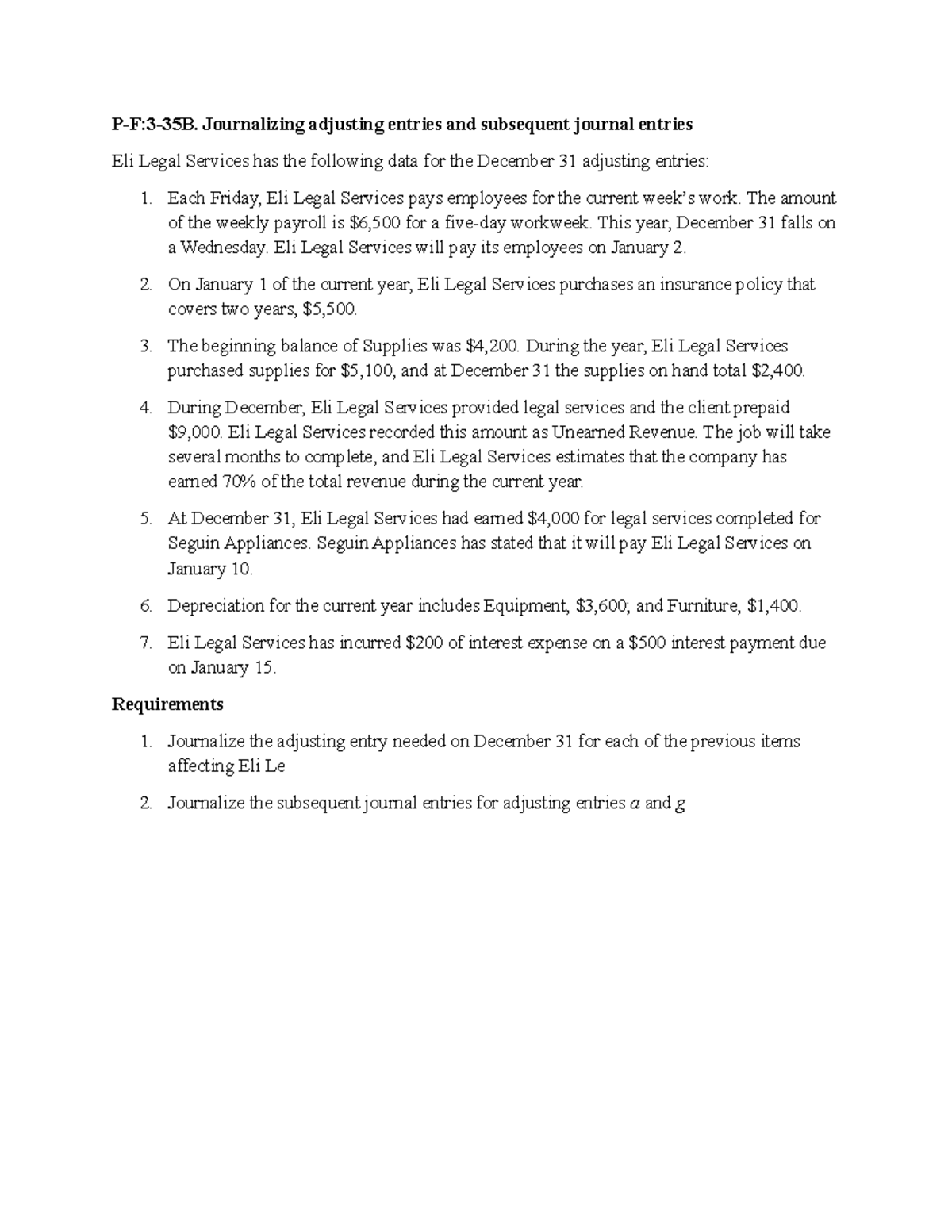 Homework 3: Adjusting and Subsequent Journal Entries - P-F:3-35B - Studocu