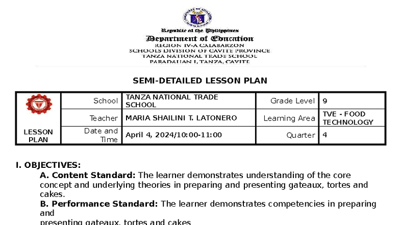 COT 4 Detailed Lesson Plan: Presenting and Plating Cakes - Studocu