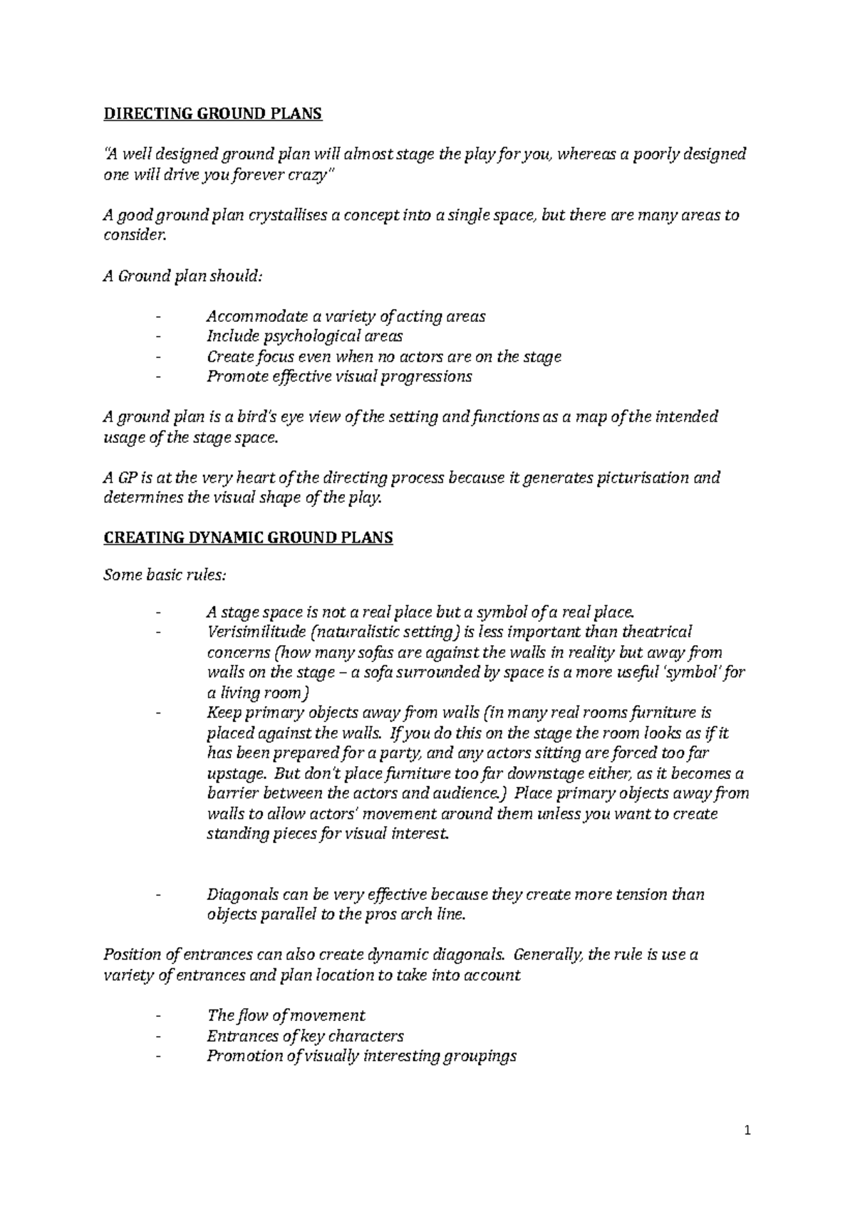 Directing Ground Plans: Key Concepts for Effective Stage Design - Studocu