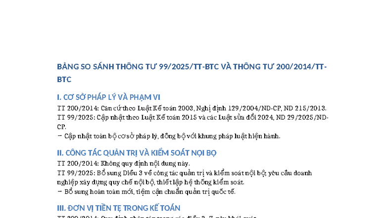 So sánh TT99/2025 và TT200/2014: Cơ sở pháp lý và quản trị - Studocu