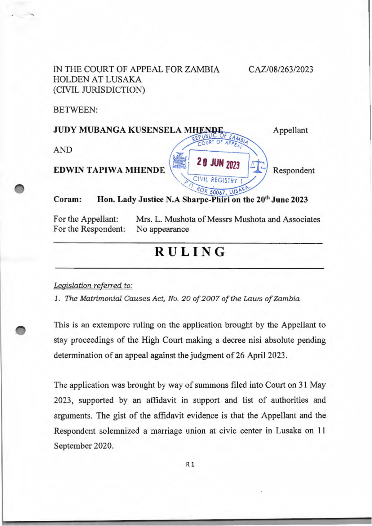 Judy Mubanga Kusensela v Edwin Tapiwa Mhende (CAZ082632023) Ruling on ...