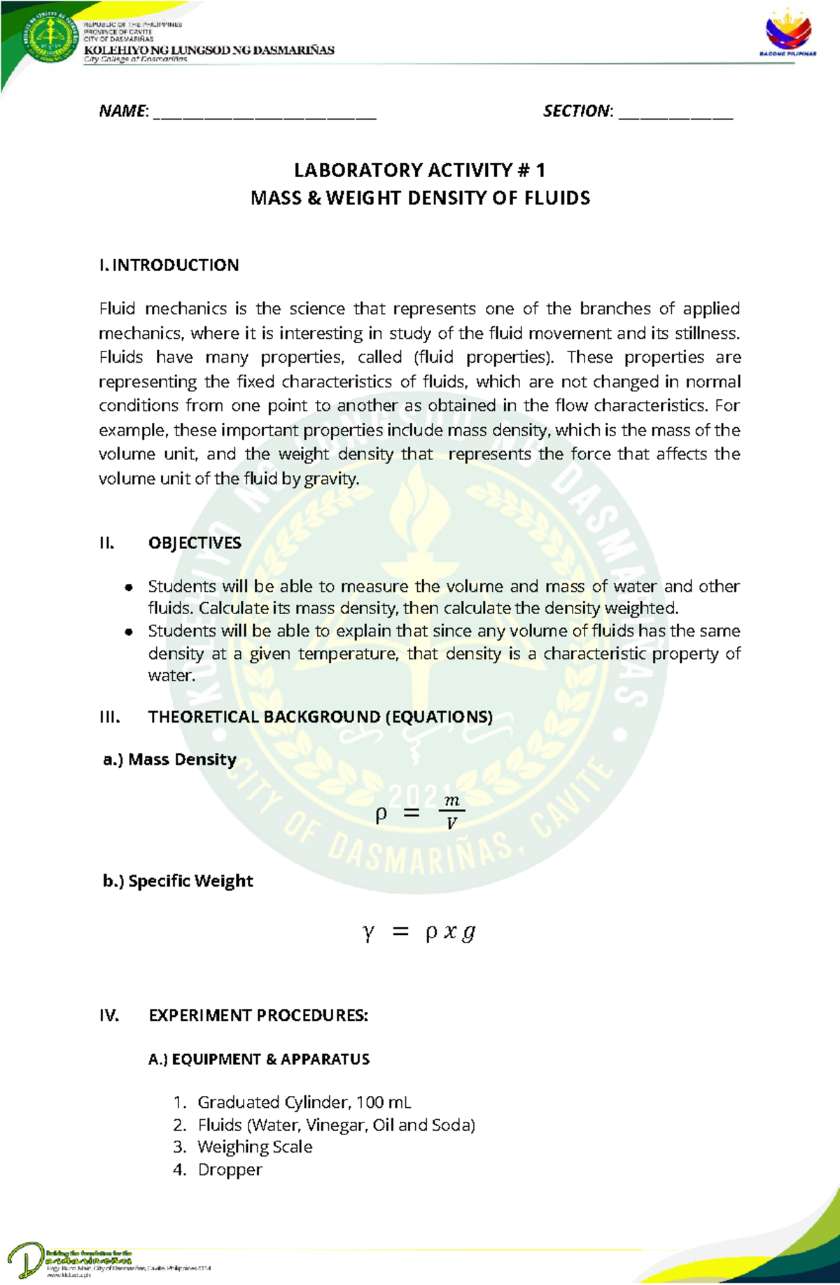FM-Lab-1: Mass, Weight, and Density of Fluids Experiment - Studocu