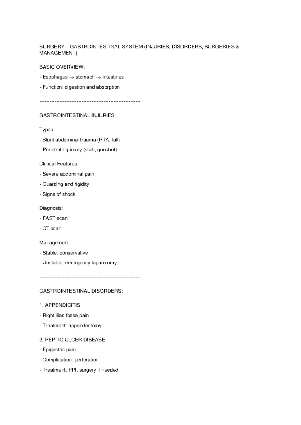 Surgery GI System (Injuries, Disorders, Management) Complete Notes ...