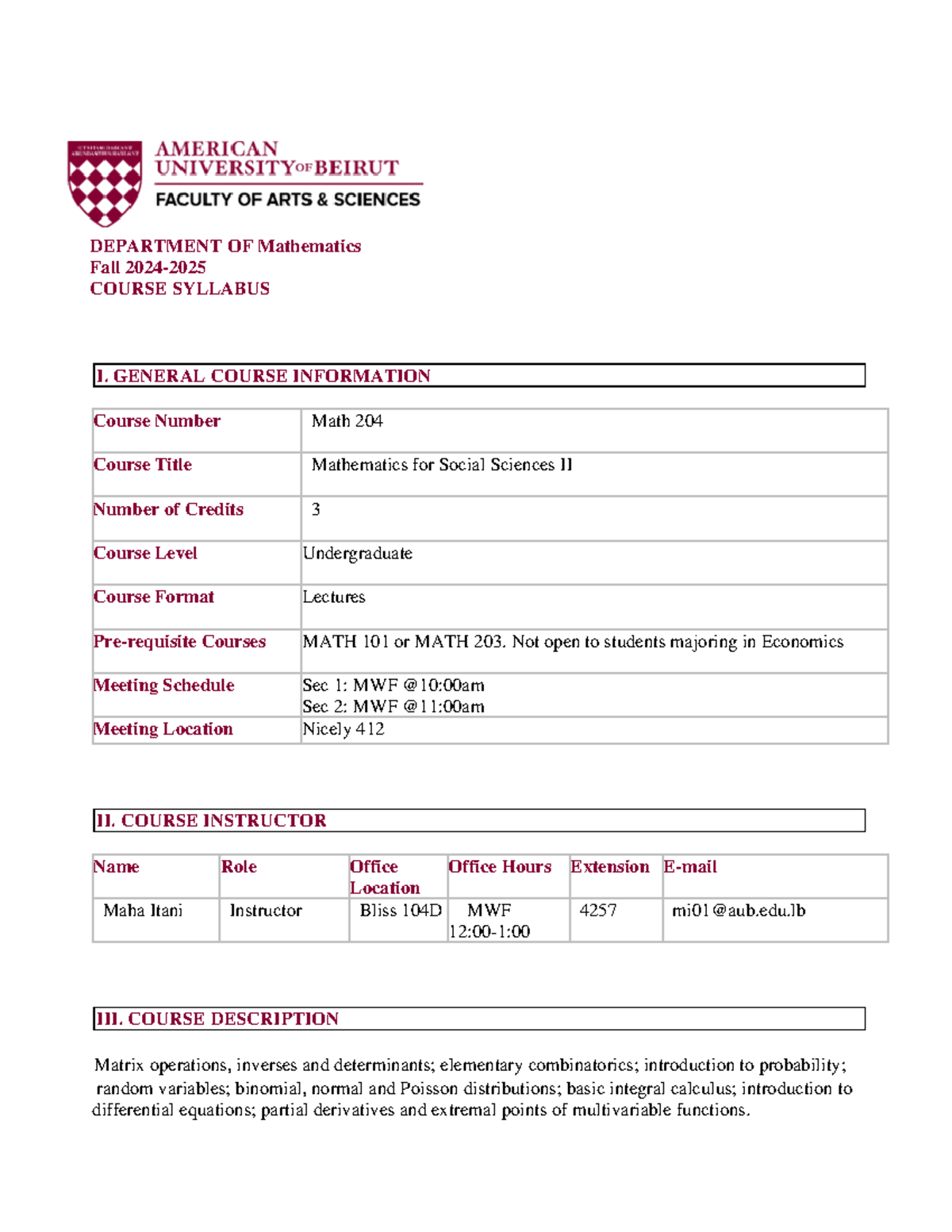 Math 204 Course Syllabus: Mathematics for Social Sciences II (Fall 2024 ...