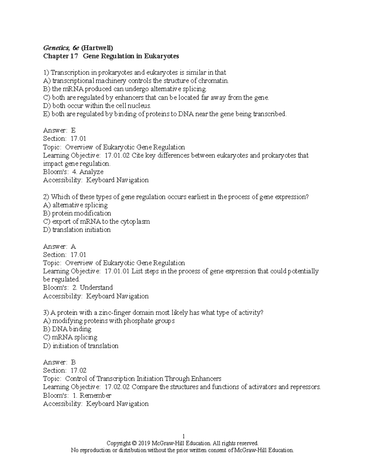 Hartwell 6e Chapter 17 Gene Regulation Answer Key & Key Concepts - Studocu