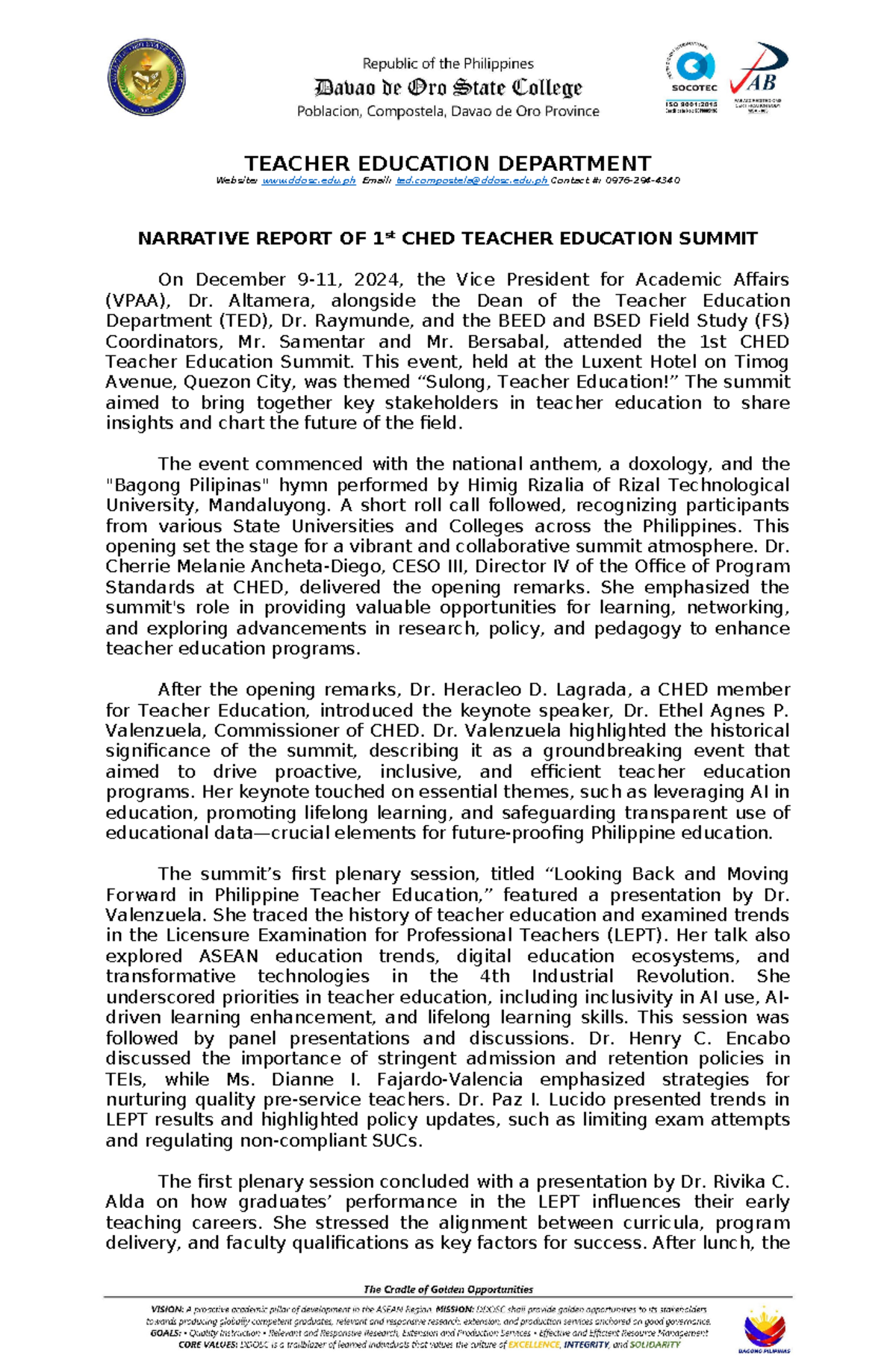 Narrative Report- 1st CHED Teacher Education Summit - TEACHER EDUCATION ...