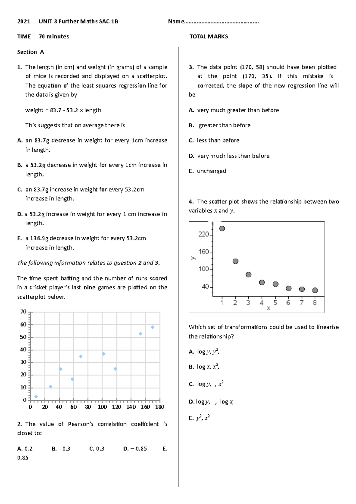 Bivariate Data Analysis SAC Questions - UNIT 3 Further Maths - Studocu