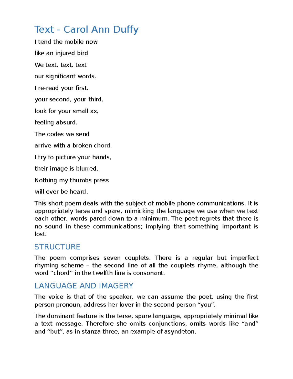 Carol Ann Duffy's Poem 'Text' - Summary and Analysis - Studocu