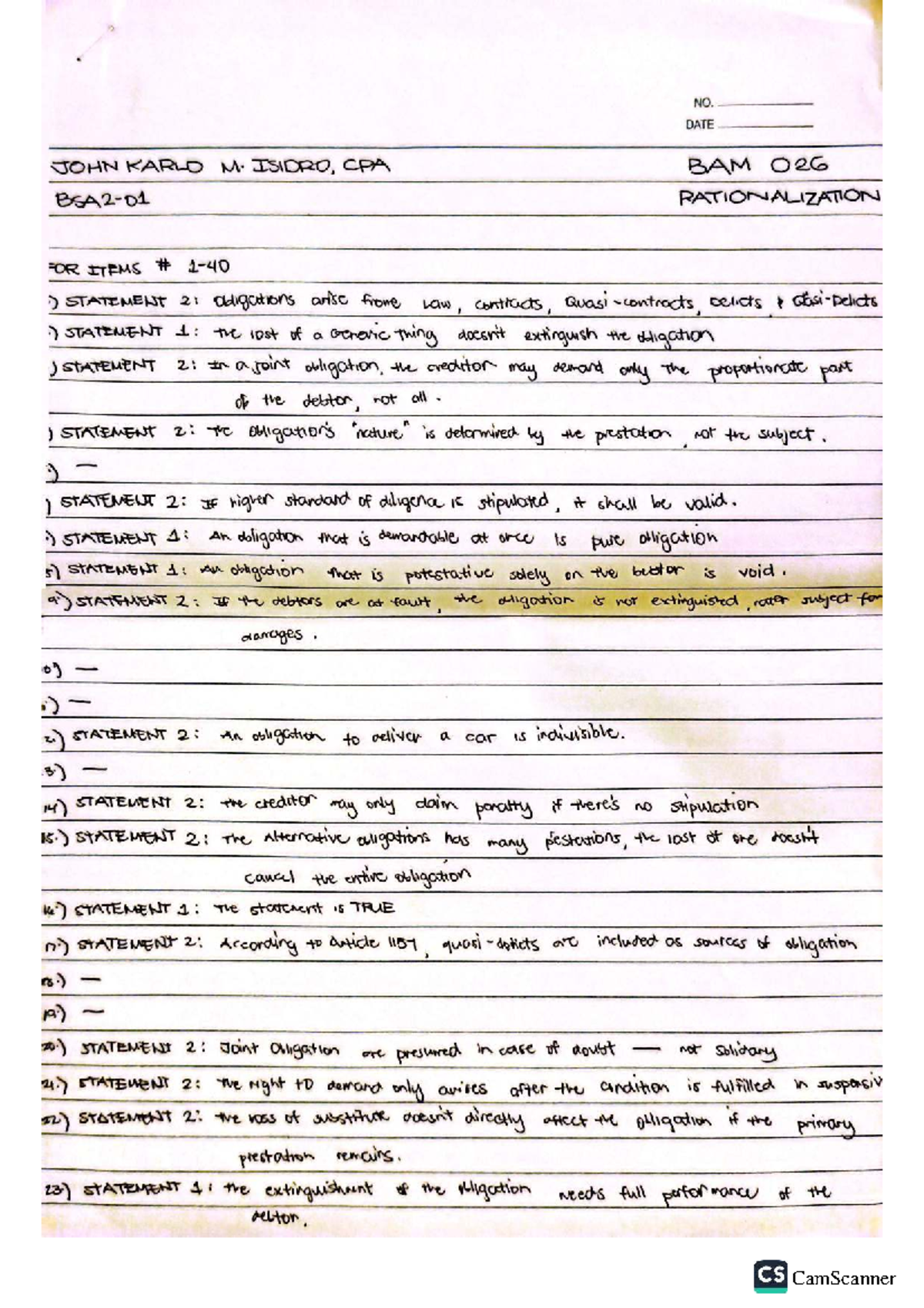 BAM 026 Practice Questions on Obligations and Contracts - Studocu