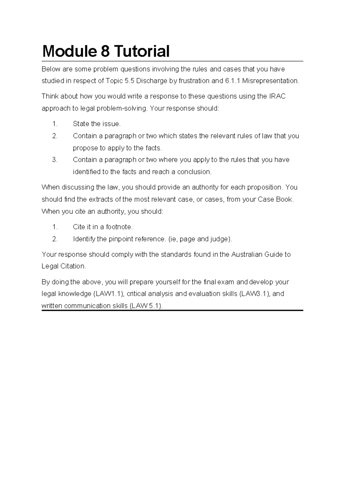 Module 8 Tutorial: Discharge, Misrepresentation & IRAC Approach - Studocu