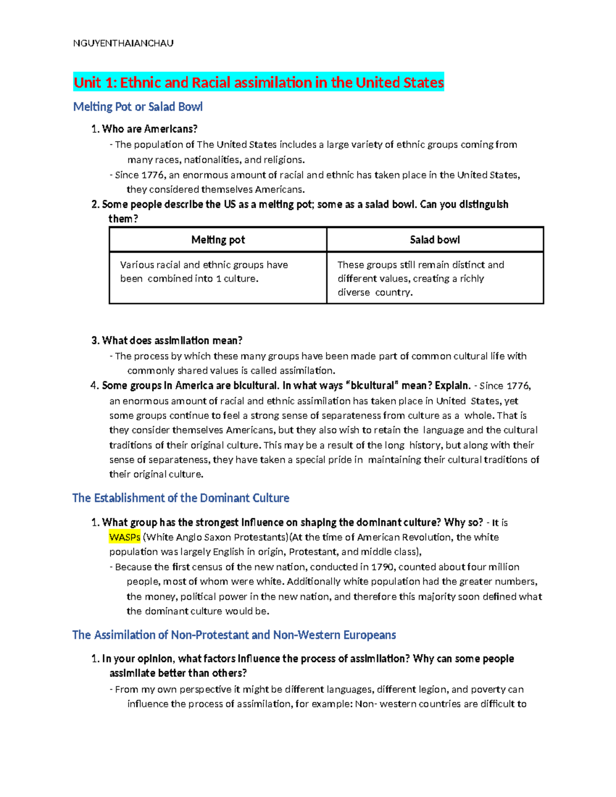 NGUYENTHAIANCHAU Unit 1: Ethnic and Racial Assimilation in the U.S ...
