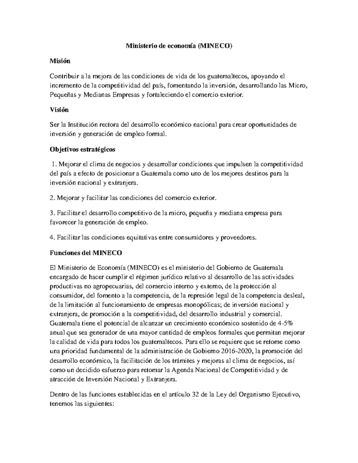 MINECO: Misión, Visión y Estrategias para el Desarrollo Económico - Studocu