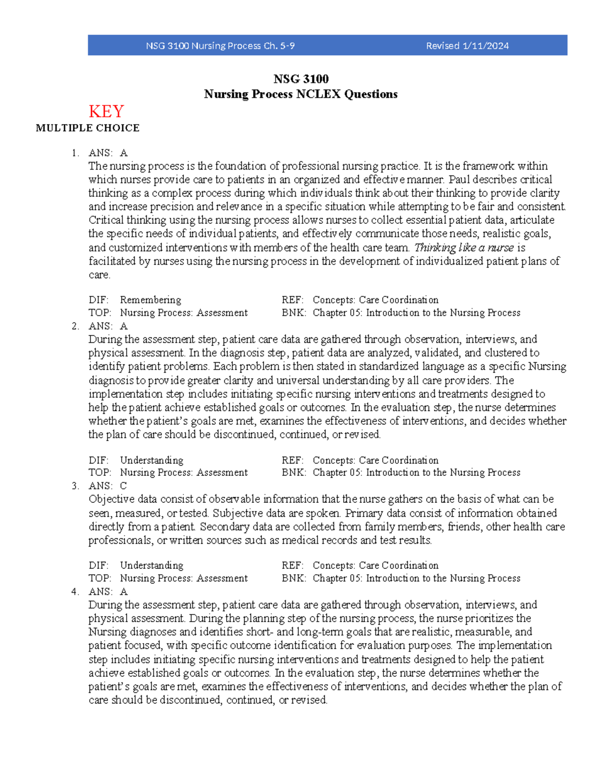 NSG 3100 Nursing Process NCLEX Questions Key - Revised Spring 2024 ...