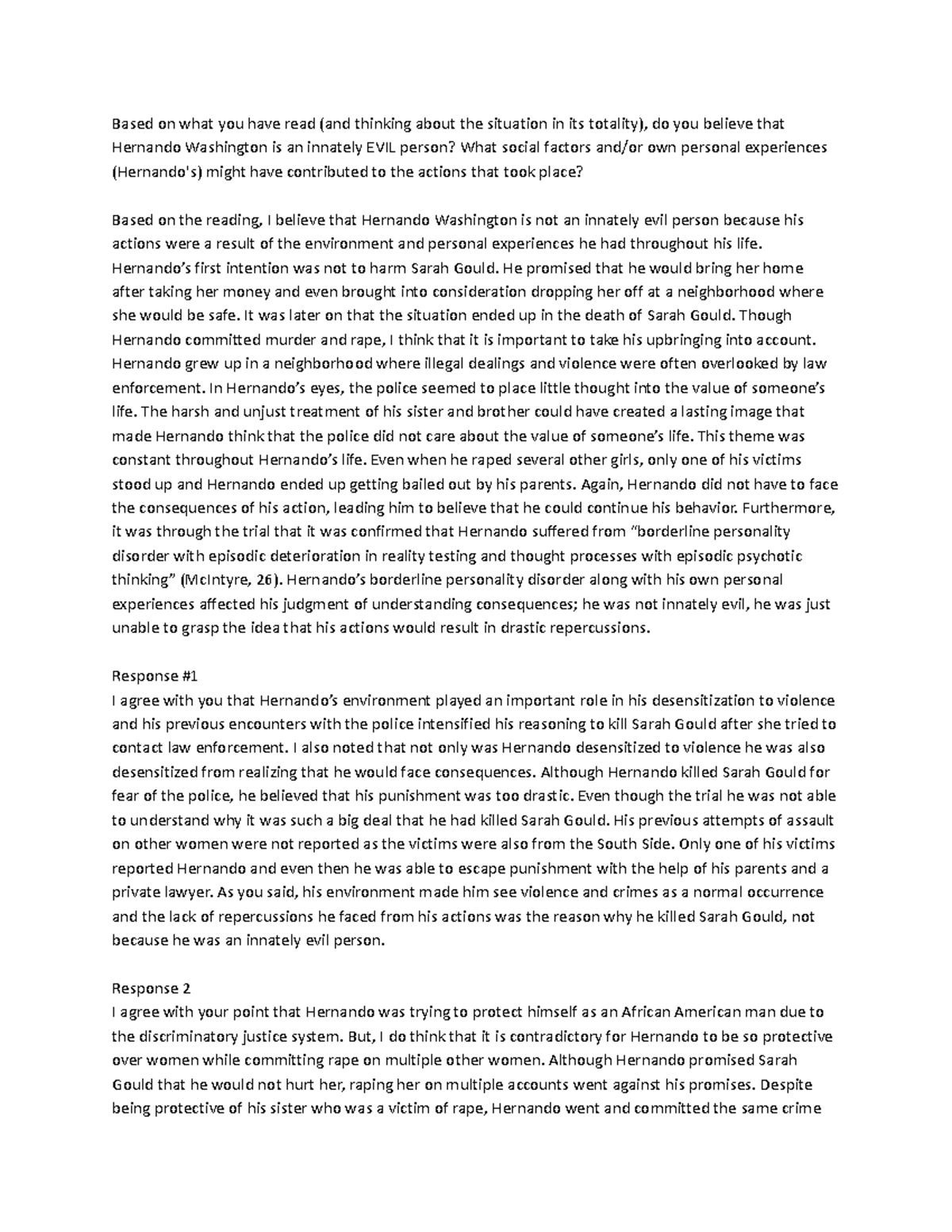 Sociology Discussion Board #1: Examining Hernando Washington's Actions ...
