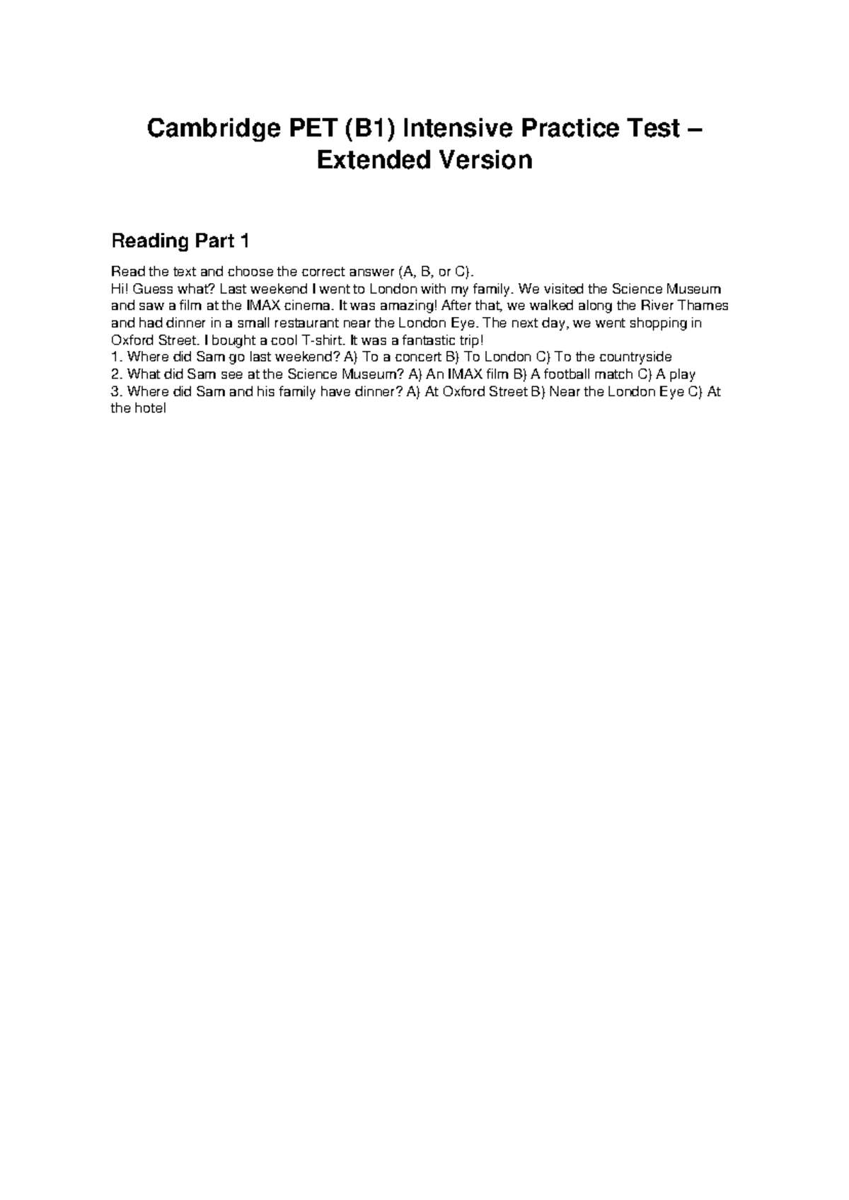 Cambridge PET (B1) Intensive Practice Test 2: Reading & Writing - Studocu