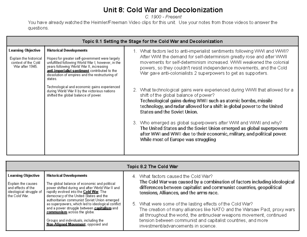 Fatima Merah - Cold War & Decolonization Unit 8 Review Packet - Studocu