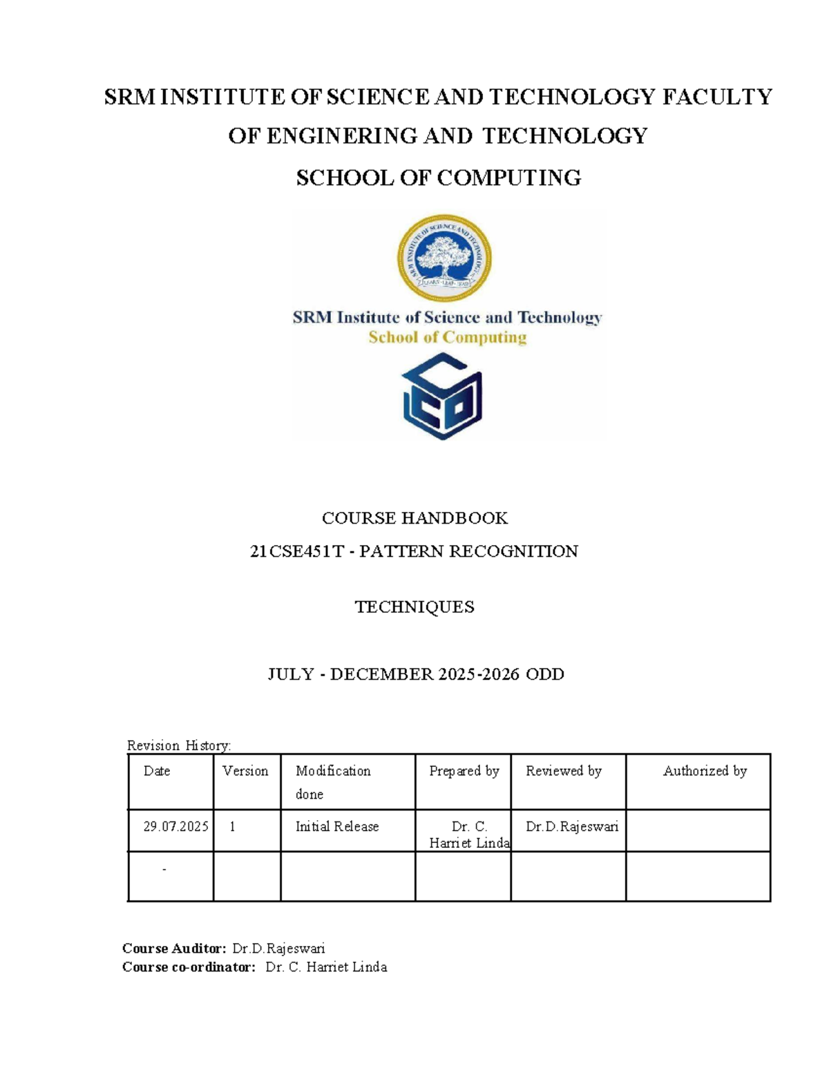 21CSE451T - Pattern Recognition Techniques Course Handbook - Studocu