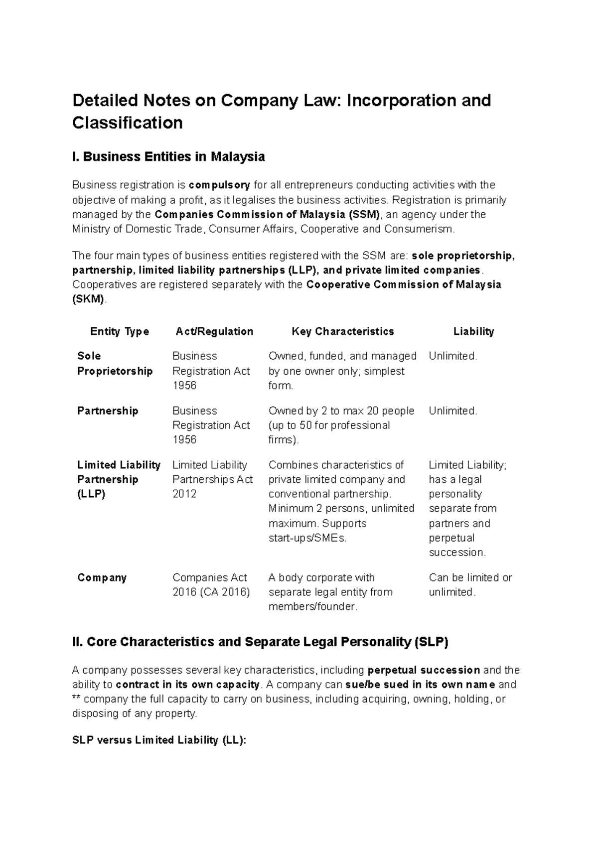Company Law: Incorporation & Classification of Business Entities in ...