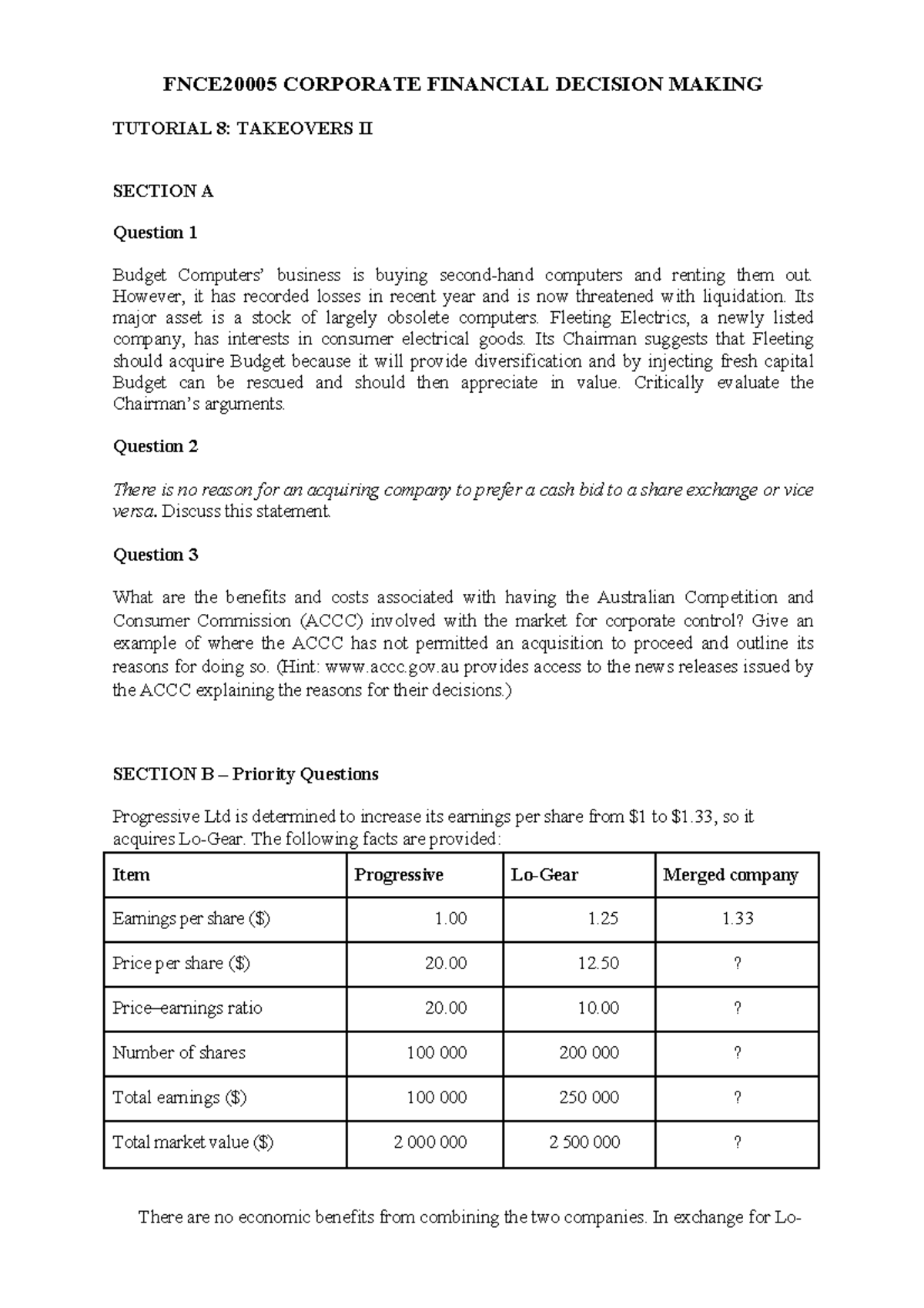 FNCE20005 Tutorial 8: Solutions for Takeovers II (2023) - Studocu
