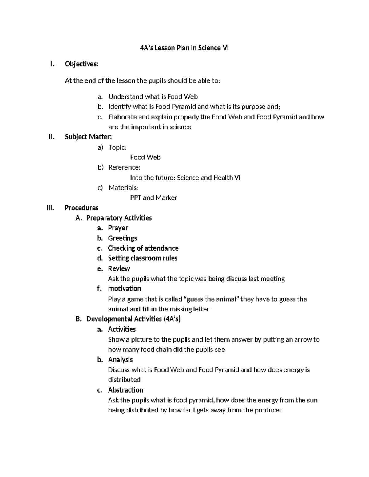 Science 6 4A's Lesson Plan on Food Web and Food Pyramid - Studocu