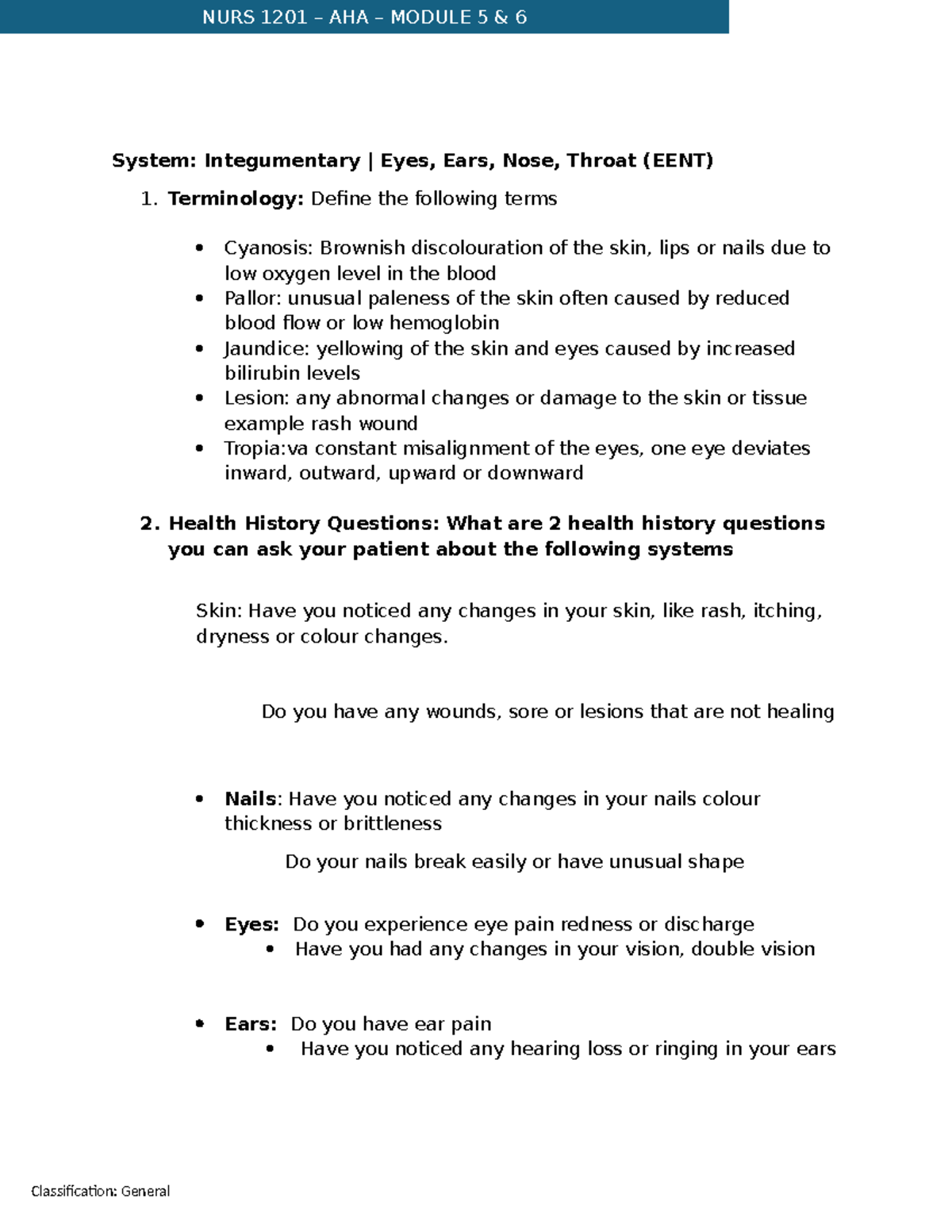 NURS 1201 AHA Lab Entry Key: Integumentary & EENT Assessment - Studocu