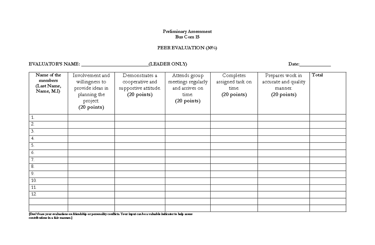 Peer Evaluation Guidelines for Bus Com 15 - Studocu