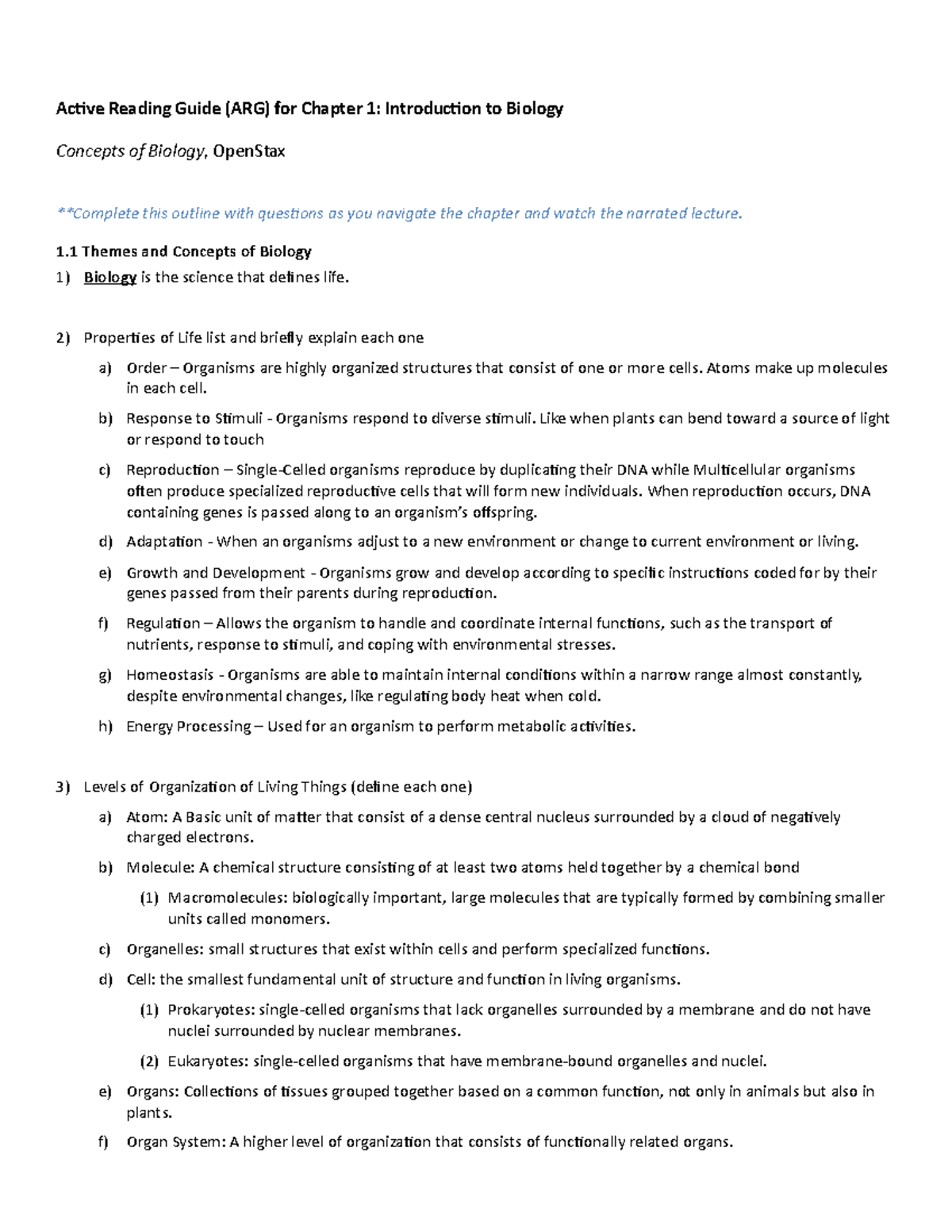Active Reading Guide (ARG) for Chapter 1: Intro to Biology - Studocu