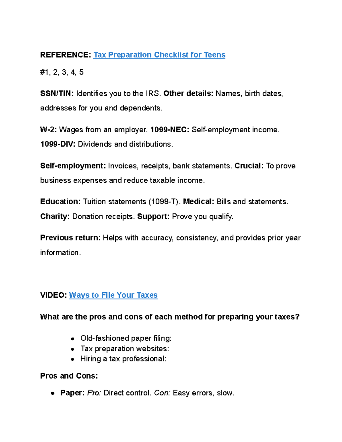 Day 5 - Tax Prep Checklist & Filing Methods for Teens Assignment - Studocu
