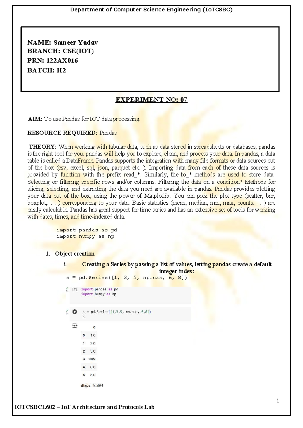 IOTCSBCL602 IoT Data Processing Lab Report - Experiment 07 - Studocu