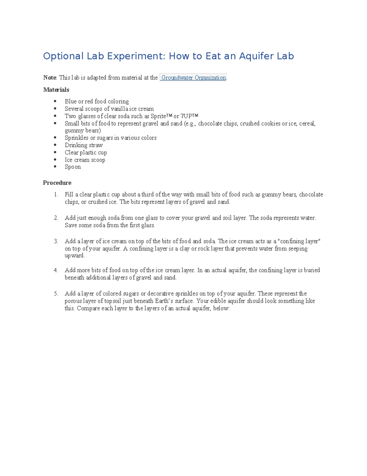Optional Lab Experiment: How to Eat an Aquifer Guide - Studocu
