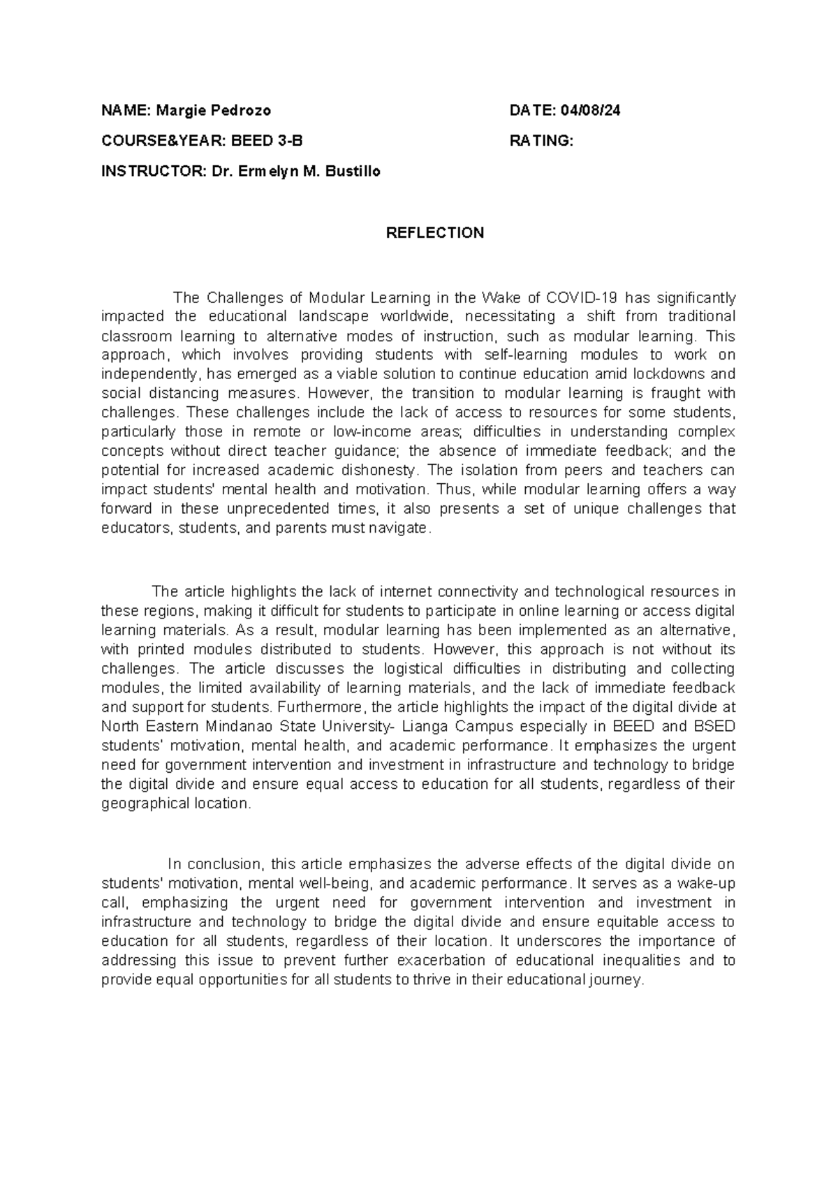 BEED Reflection: Challenges of Modular Learning in Education - Studocu