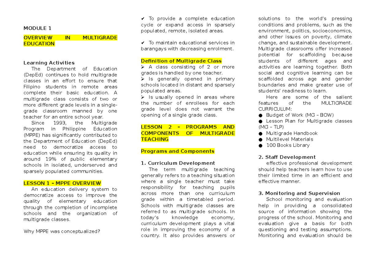 Teaching Multigrade Classes: Overview and Strategies (EDU 101) - Studocu
