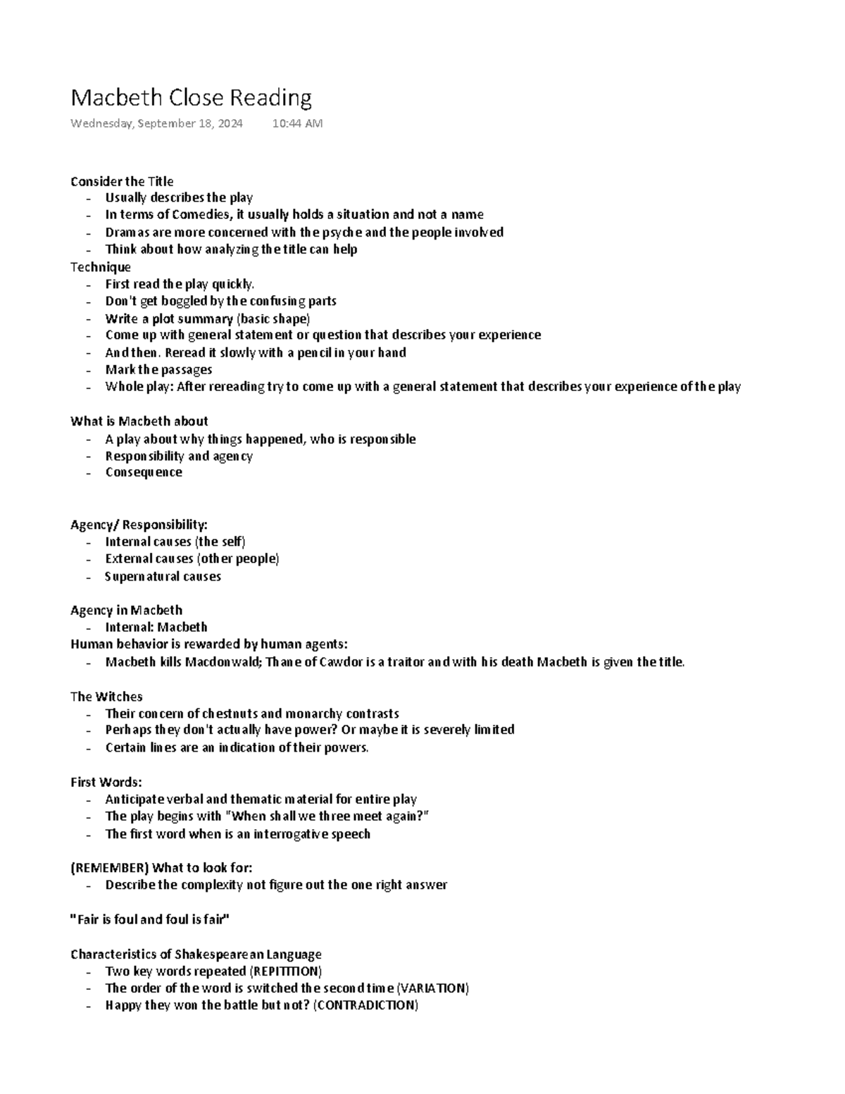Macbeth Close Reading Analysis: Themes and Techniques - Studocu